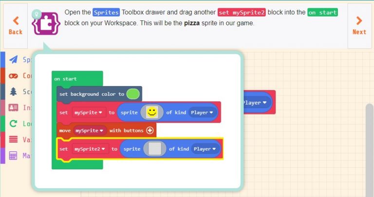 Microsoft MakeCode Arcade チュートリアル「Chase the Pizza」(その2) | 渡り鳥の広場