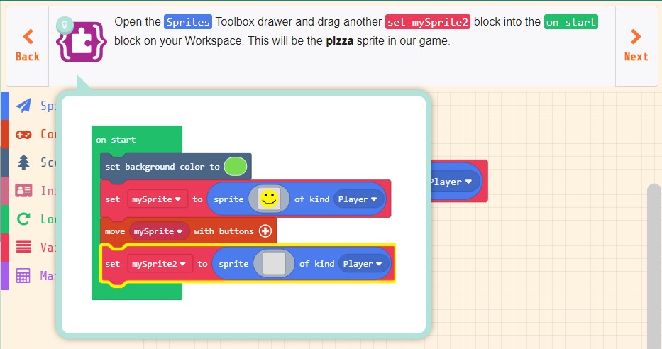 Microsoft MakeCode Arcade チュートリアル「Chase the Pizza」(その2) | 渡り鳥の広場