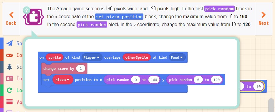 Microsoft MakeCode Arcade チュートリアル「Chase the Pizza」(その4) | 渡り鳥の広場