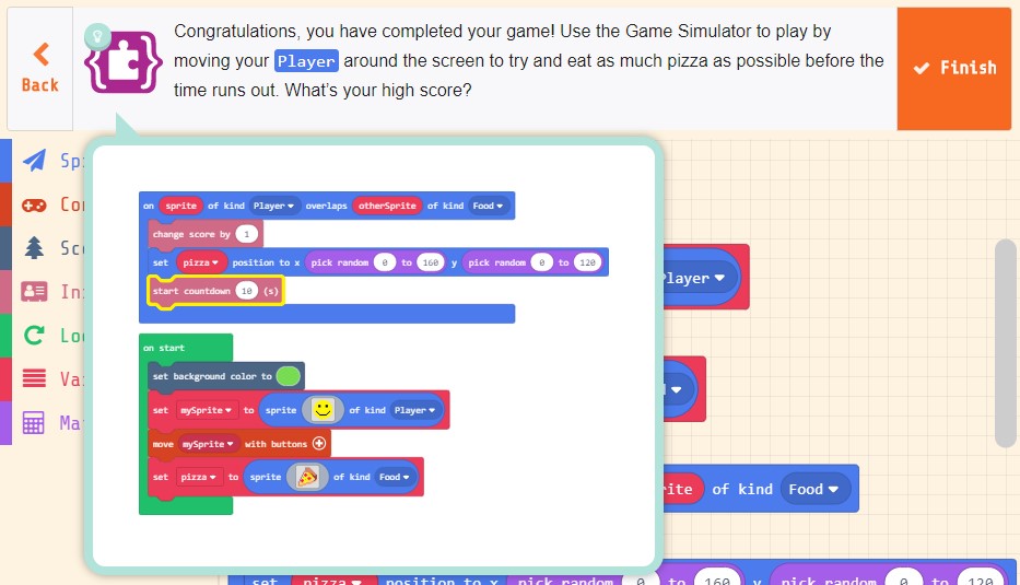Microsoft MakeCode Arcade チュートリアル「Chase the Pizza」(その4) | 渡り鳥の広場